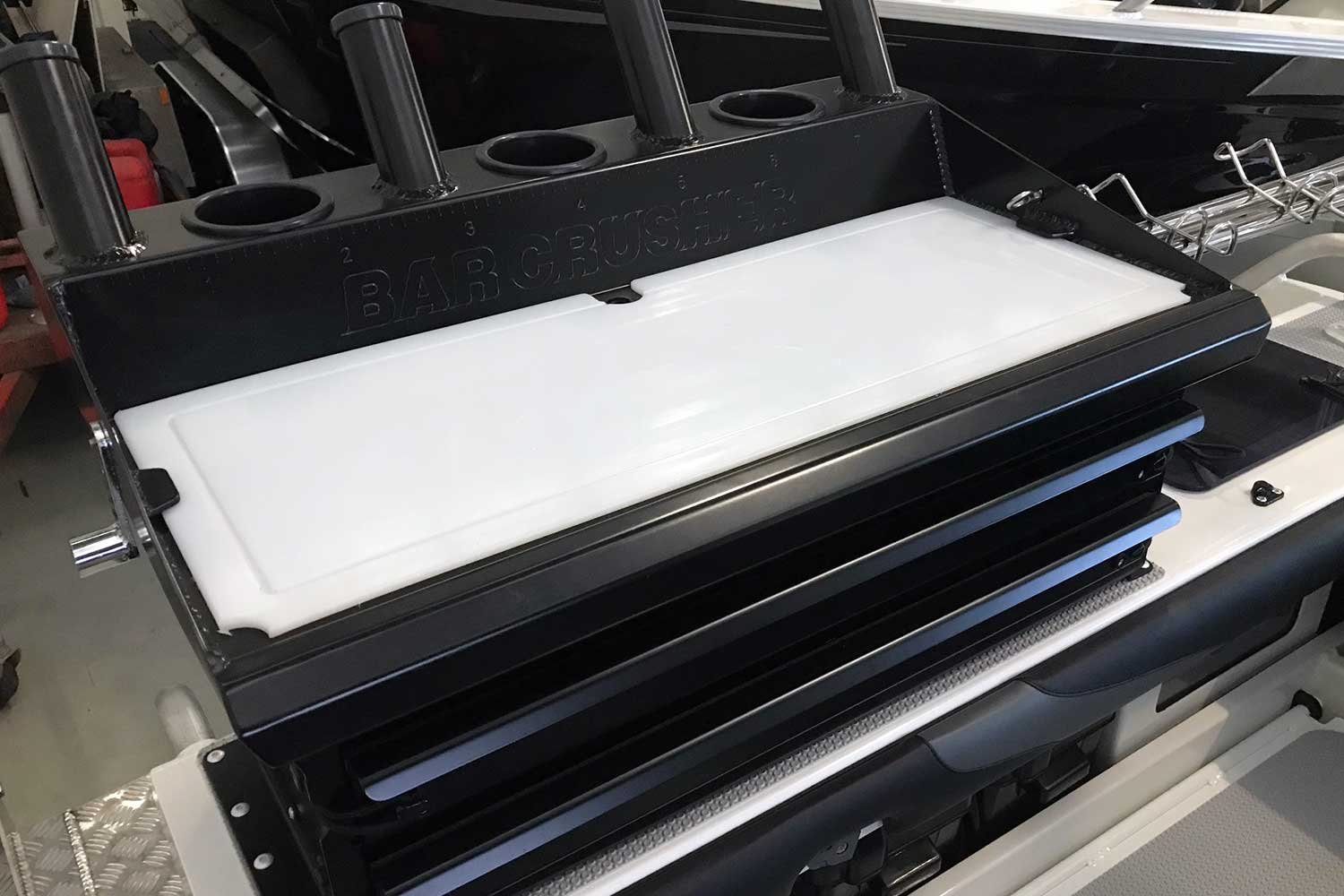 Premium bait boards and baitstations (with drawers) for fishing boats